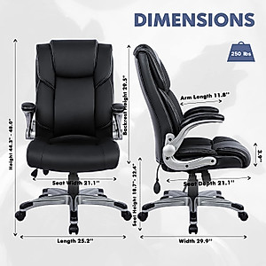 High Back Executive Office Chair- Ergonomic Home Computer Desk Leather Chair with Padded Flip-up Arms, Adjustable Tilt Lock, Swivel Rolling Chair for Adult Working Study-Black