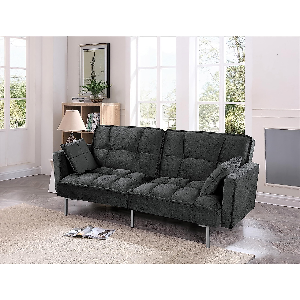 Container Furniture Direct Regal Convertible Sleeper Sofa Bed, Velvet Pull Out Couch with Mid-Century Style, Tufted Design and Metal Legs, Ideal for for Guests and Sleepovers, Black