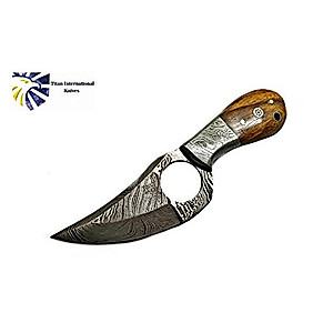 Titan International Knives New Damascus Small Skinner Fixed Blade Knife with wooden Handle Perfect EDC Hunting knife | outdoors and camping gear | 3 inch blade with Leather Sheath