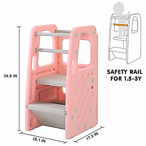 SDADI PLT01PK Children's Plastic Learning Step Stool with 3 Adjustable Heights, 150 Pound Capacity, Built-in Storage, and Non-Skid Rubber Feet, Pink