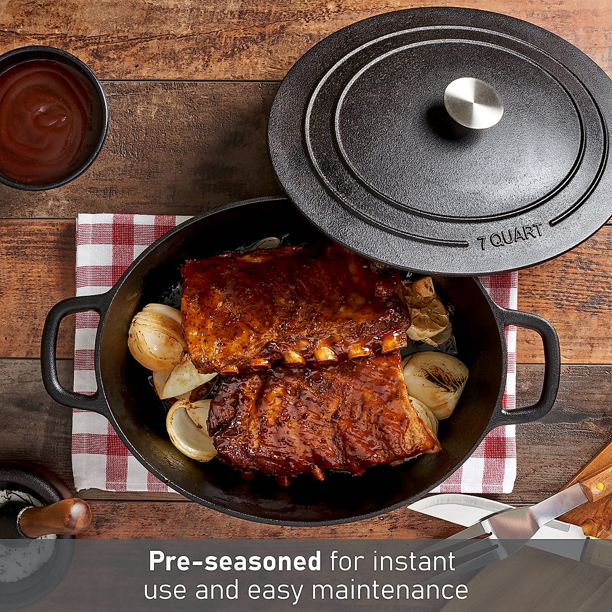 BBQ by MasterPRO - 7 Qt Pre Seasoned Cast Iron Oval Dutch Oven with Self Basting Lid and Stainless Steel Handle, 7 Quarts, Black