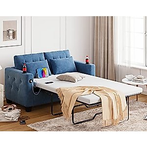LINSY HOME Pull Out Sofa Bed, 2-in-1 Convertible Sleeper Couch with Memory Foam Mattress, Two Seat Loveseat Sleeper Sofa Bed for Living Room, Blue, Full Size