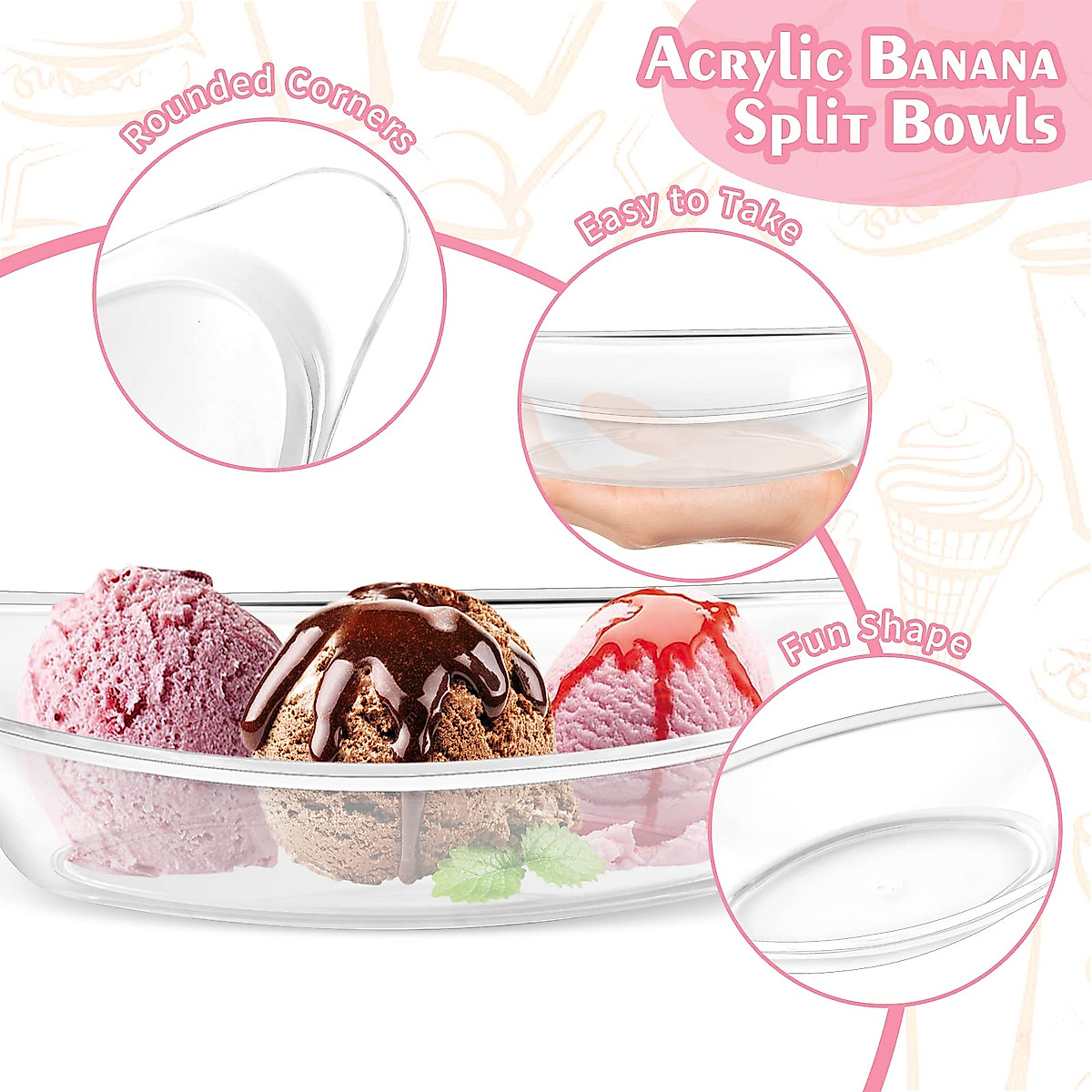 DLUGOPIS 24 Pcs Acrylic Banana Split Bowls Set Banana Boat Dishes Banana Split Dish12 Pcs Reusable Banana Boat Plate 12 Pcs Teaspoon 8 Oz Banana Split Dish Clear Serving Plates for Ice Cream Dessert