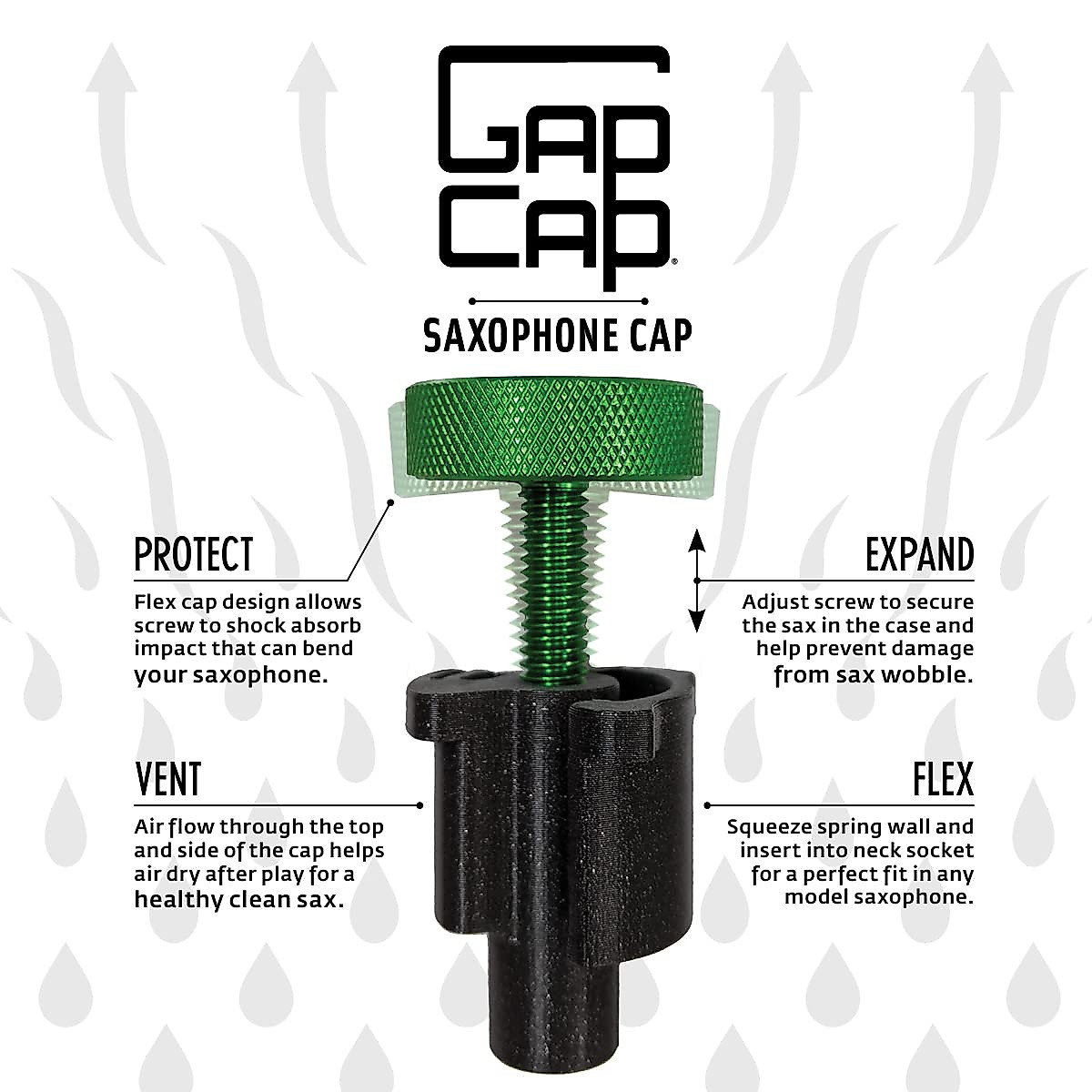 GapCap Alto Saxophone end plug flex fits in your sax, expands to fit your case, vents air to dry the body tube, and shock absorbs impact like no other end cap
