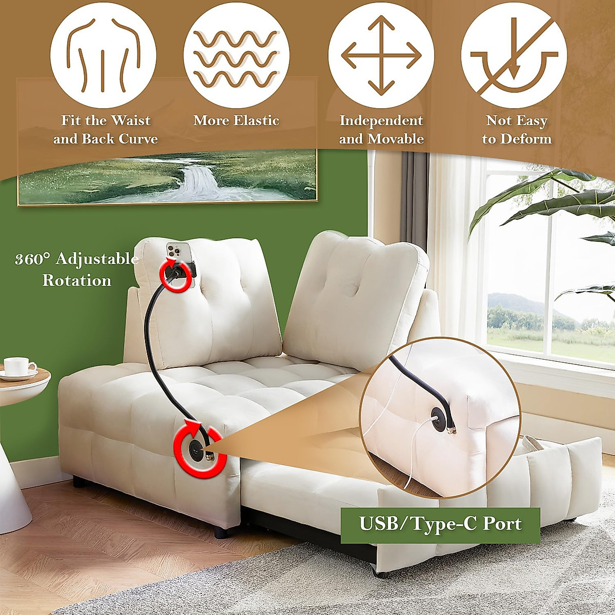 Cirui Sleeper Sofa Couch with Pullout Bed for Living Room,Modern Convertible 3 in 1 Sofa Bed Couch with Removable Backrest,Sleeper Sofa Bed with USB Port and Swivel Phone Stand,Beige