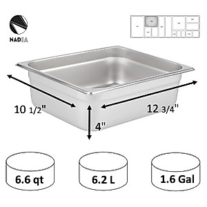 NADDA Anti-jamming 1/2 Size Steam table pan, 6-Pack Stainless steel Pan for Commercial food warmer, Food warmer buffet container, Chafing Dish set, 22 gauge. Baking Pan, Freezer storage. (4" Depth)