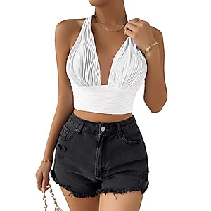 SOFIA'S CHOICE Women's Textured Deep V Neck Halter Tops Sexy Backless Sleeveless Crop Tank Top Cami White Small