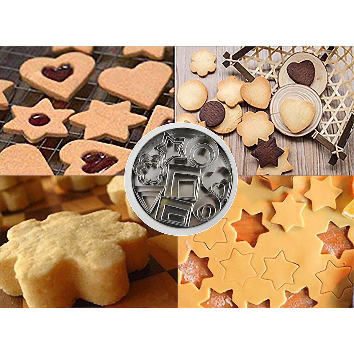 HOME-X Stainless-Steel Cookie Cutter Set, Rectangle, Square, Triangle, Heart, Circle, Star, Flower, and Oval Shapes, Set of 24, Assorted Sizes, Silver