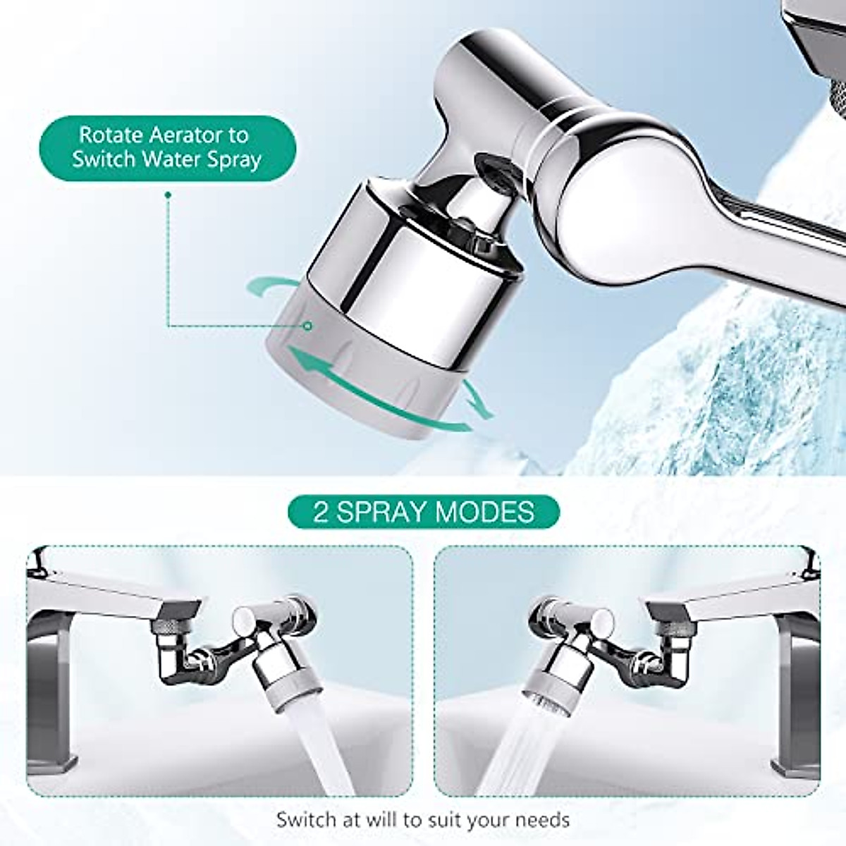 Swivel Faucet Extender, 1080° Rotatable Faucet Aerator, Universal Splash Filter Faucet Sink Water Extender with 2 Water Outlet Modes, Spray Attachment, Robotic Arm for Bathroom Sink Kitchen Tap