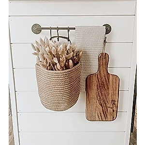 Wall Hanging Storage Baskets Jute Set of 2 Small Woven Rope Closet Organizer 6.7"x7.9" Décor with Black Leather Handle Nursery Storage Bins for Flower Plants/Garage/Shelf/Outdoor/Bathroom