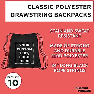 DISCOUNT PROMOS Custom Classic Polyester Drawstring Bags Set of 10, Personalized Bulk Pack - Bring Everywhere You Go, Great for Travelling, Gym and for Everyday Use - Black