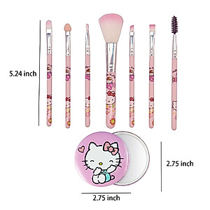 7 PCS Kitty Makeup Brush with Kitty Cat Mirror-Cosmetic Makeup Brush Set Tool Kit Set Brush Set Best Gift for Young Girl Women