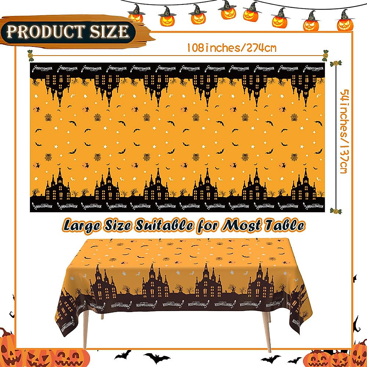 Halloween Tablecloth, 2 PCS Halloween Tablecloth Plastic, Halloween Disposable Tablecloth, 54" x 108" Halloween Tablecloth Rectangle, Halloween Table Cover for Halloween Party Supplies Decorations