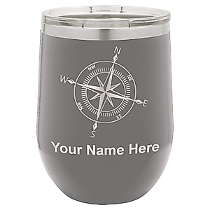 LaserGram Double Wall Stainless Steel Wine Glass Tumbler, Compass Rose, Personalized Engraving Included (Gray)