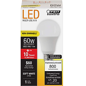 Feit Electric A19 LED Light Bulb, 60W Equivalent, E26 Medium Base, 800 Lumens, 2700K Soft White, Non-Dimmable Standard Light Bulb, 10,000-Hour Lifetime, A800/827/10KLED
