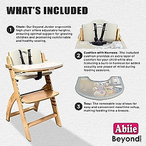 Abiie Beyond Junior Convertible Wooden High Chairs for Babies & Toddlers. 3-in-1 Adjustable High Chair with Removable Tray, Easy to Clean, Portable. 6 Mos. up to 250 Lb. Natural Wood/Dove Grey Cushion