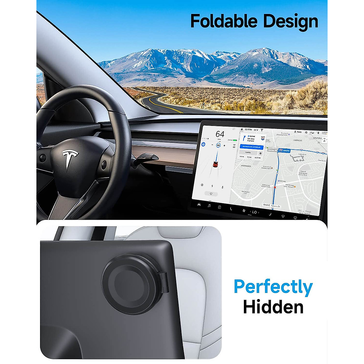 Tesla Phone Mount, MagSafe Car Mount for Tesla Model 3 Model Y, Foldable Hidden Magnetic Phone Mount Fit for iPhone 14 13 12 Series and All Phone, Tesla Model 3 Accessories, Tesla Model Y Accessories