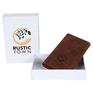 RUSTIC TOWN Slim Compact Leather Key Holder Wallet Pouch Gifts Him Her Men and Women (Brown)