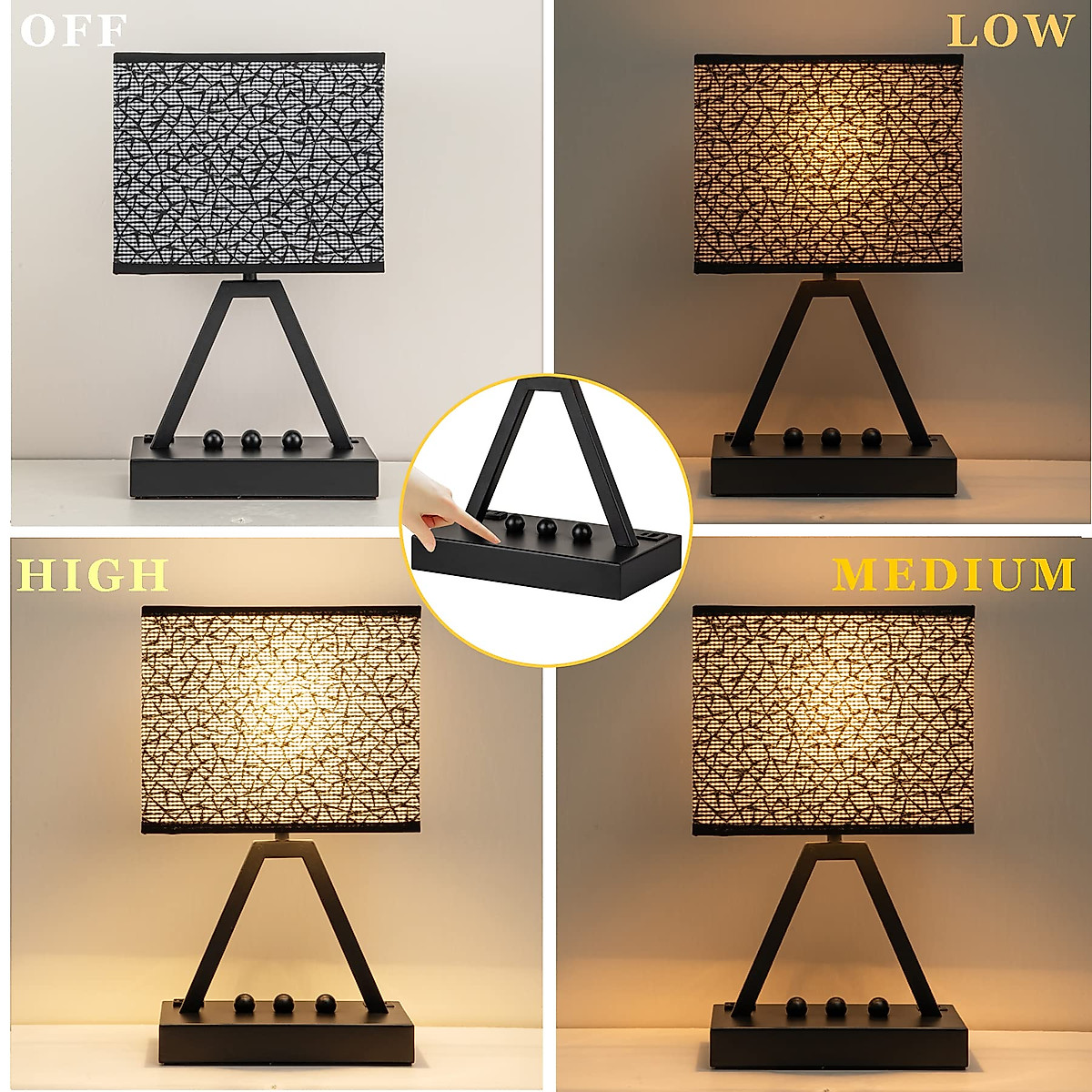 Briever USB C Touch Control Table Lamp, 3-Way Dimmable Desk Lamp with USB C & USB A and AC Outlet, Bedside Lamp with Phone Stands and Black Shade for Bedroom, Living Room, Office, LED Bulb Included