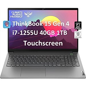 Lenovo ThinkBook 15 Gen 4 Business Laptop (15.6" IPS FHD Touchscreen, Intel 10-Core i7-1255U, 40GB RAM, 1TB SSD), FHD Webcam, Narrow Bezel, Backlit, Fingerprint, Thunderbolt 4, Win 11 Pro, Grey
