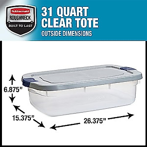 Rubbermaid Roughneck Clear 31 Qt/ 7.75 Gal Storage Containers, Pack of 6 with Snap-Fit Grey Lids, Visible Base, Sturdy and Stackable, Great for Storage and Organization