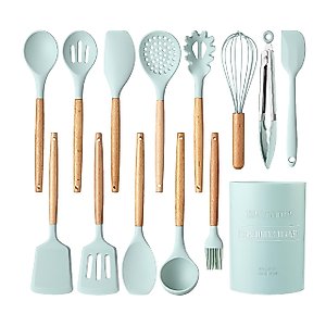 Country Kitchen Silicone Cooking Utensils, 14 Pc Kitchen Utensil Set, Easy to Clean Wooden Kitchen Utensils, Cooking Utensils for Nonstick Cookware, Kitchen Gadgets and Spatula Set