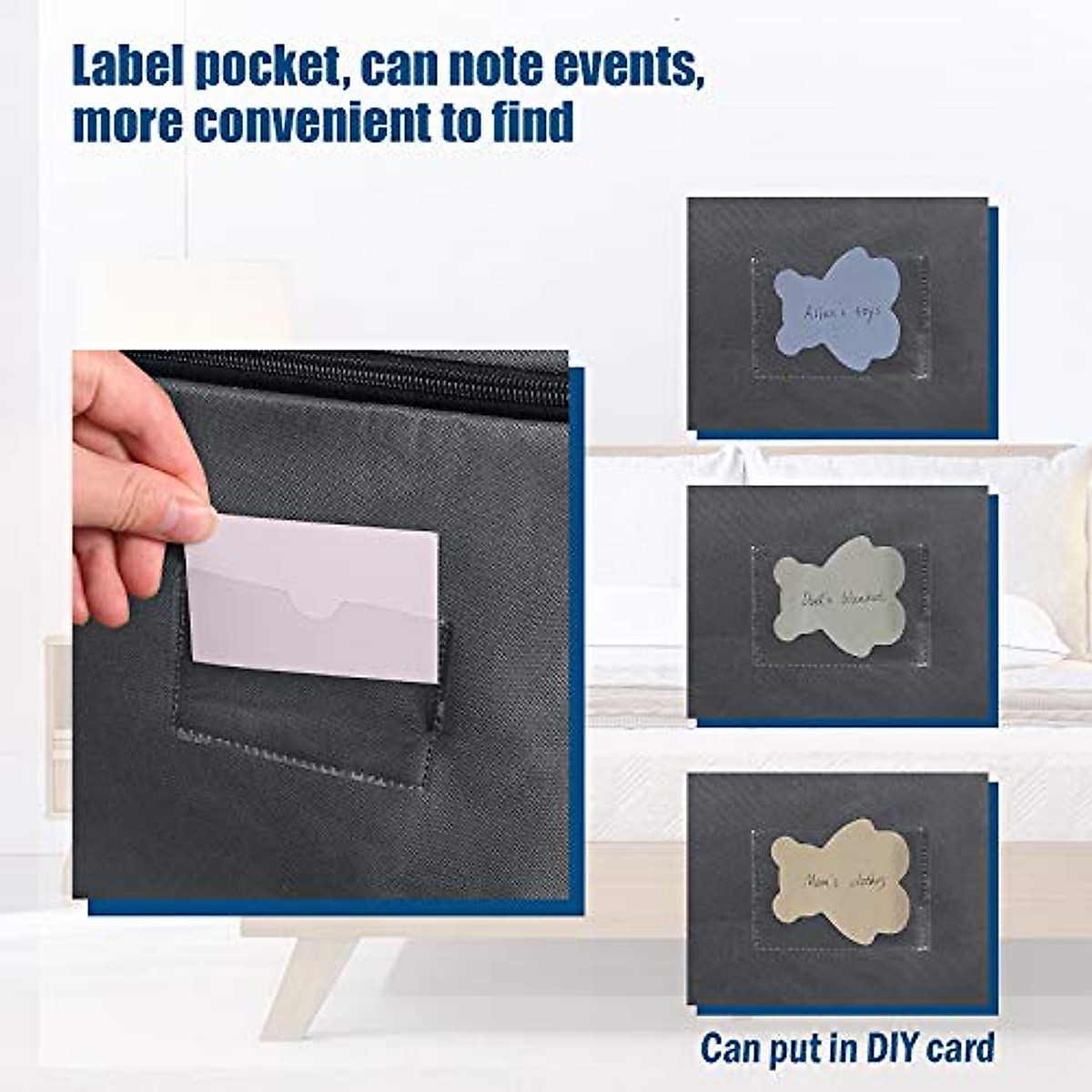 IHOMAGIC 2-Pack Under Bed Storage Bag, Zippered Clothes Storage Organizer with Handles - Storage Bins with Clear Pocket to Insert Label – for Clothing, Blankets, Towels 49L(Navy Blue/Dark Grey, S)