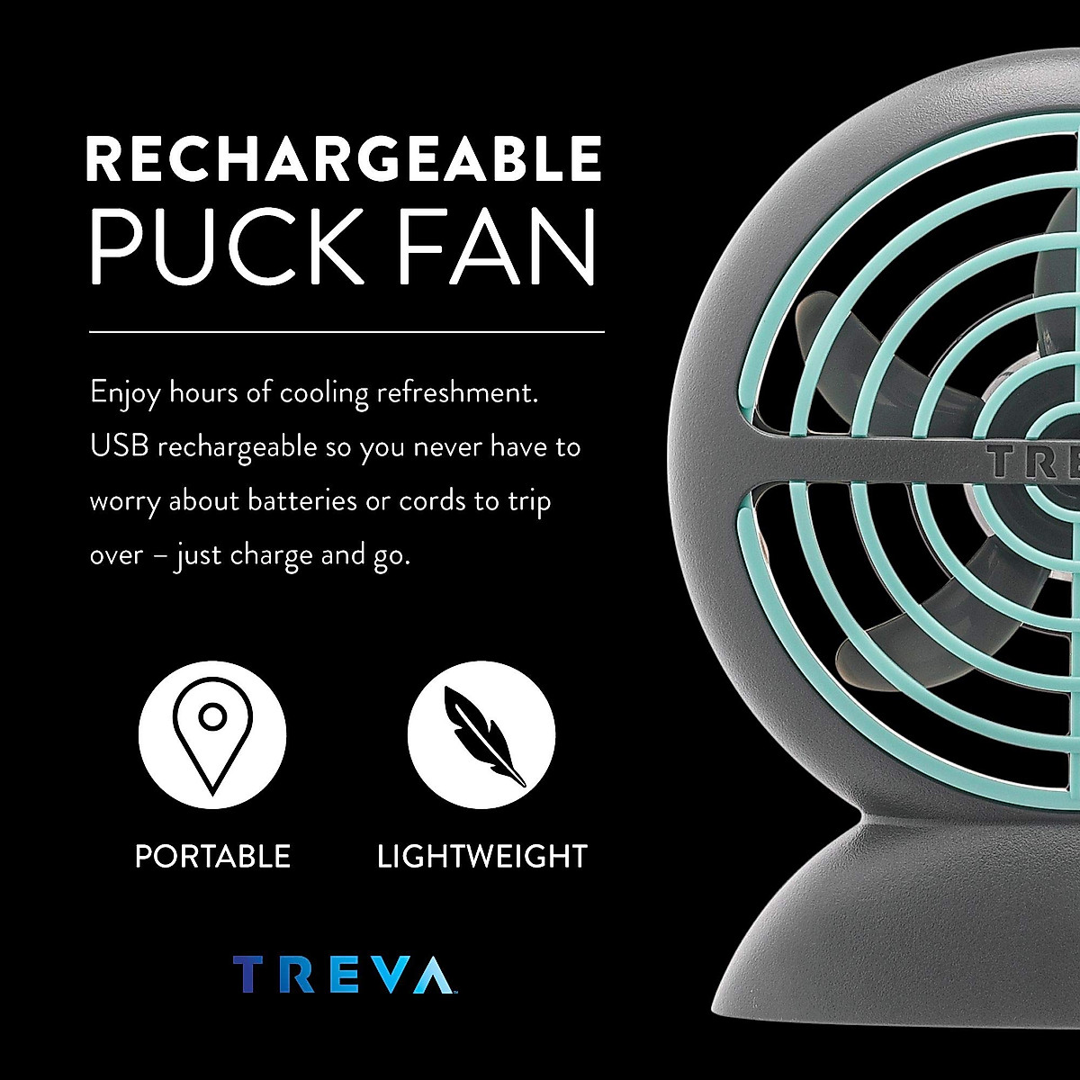 Treva Rechargeable Battery Small Fan - 3.5 Inch Blade USB Charging Port Fan - 3 Speed Circular Cooling Design - Portable Handheld or Personal Desktop Size - Travel Ready (Mint, 1)