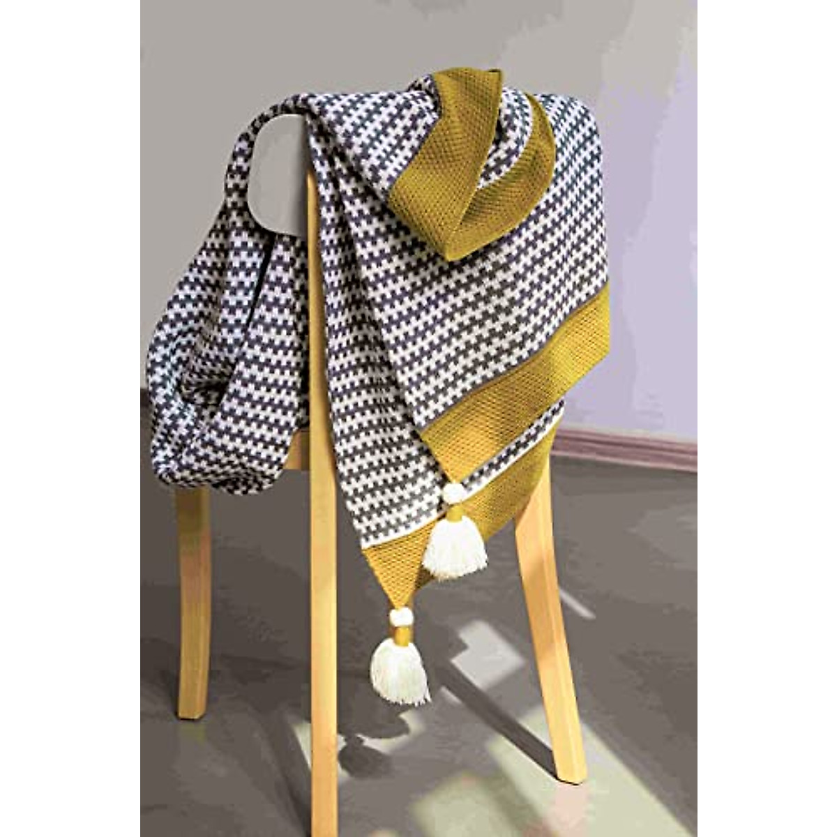 Grey Throw Blanket, Modern Striped Throw Blanket with Tassels, Knitted Soft Boho Throw Blanket for Couch Sofa Bed and Living Room- All Seasons (47.5x60 Inch)