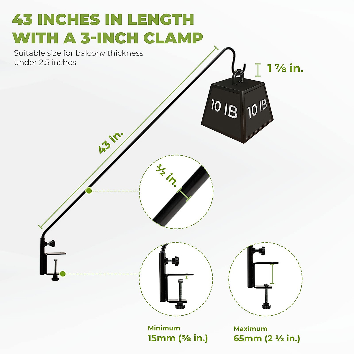 Idzo Deck Bird Feeder Hanger for Railing, 43in Deck Hook for Bird Feeder Pole, Sturdy 1 Piece Solid Steel Construction, 3in Non-Slip Clamp, Black