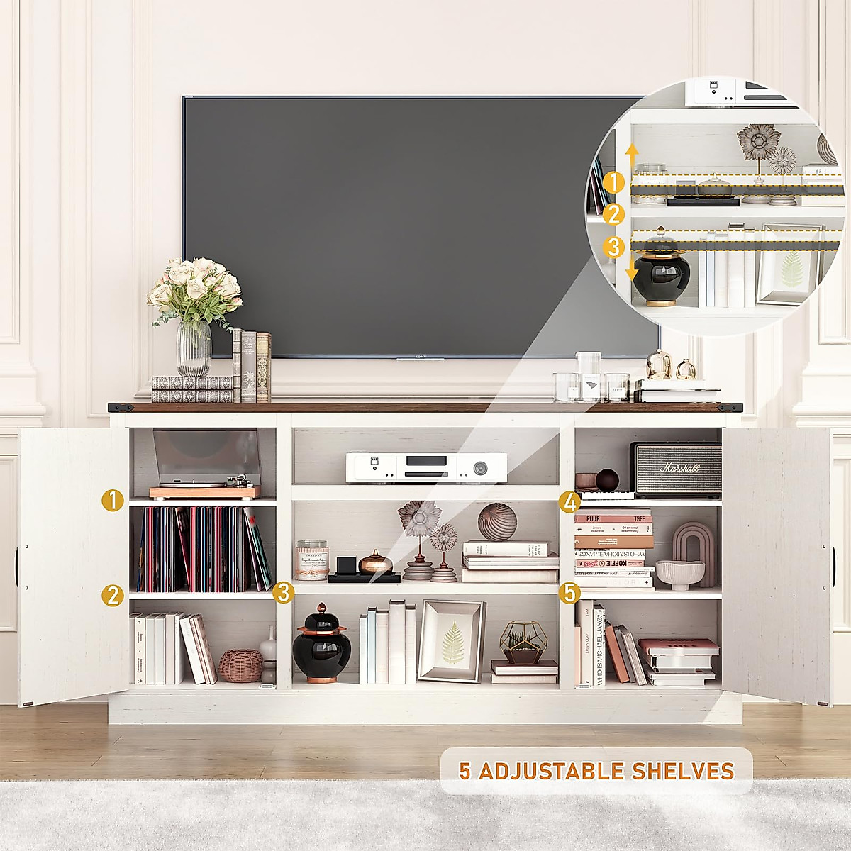 Hlivelood 66" Farmhouse TV Stand with Power Outlets for 75 65 Inch TVs, 33" Tall Entertainment Center with Storage Cabinets w/Adjustable Shelves, Rustic Large TV Media Console for Living Room, White