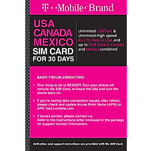 T Mobile Prepaid Brand USA, Canada, Mexico Prepaid Travel SIM Card Unlimited Call/Text & Unlimited High Speed 4G LTE Data in USA & up to 5GB Data in Canada & Mexico Combined. (30 Days)