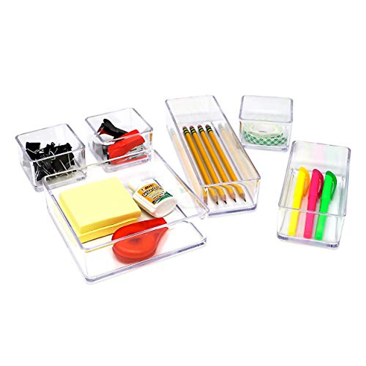 Isaac Jacobs 6-Tray Clear Acrylic Organizer Set, (Six Individual Trays), Multi-Purpose, Stackable Storage Solution for Makeup, Crafts, Desk, School, Office Supplies & More, for Bathroom, Kitchen