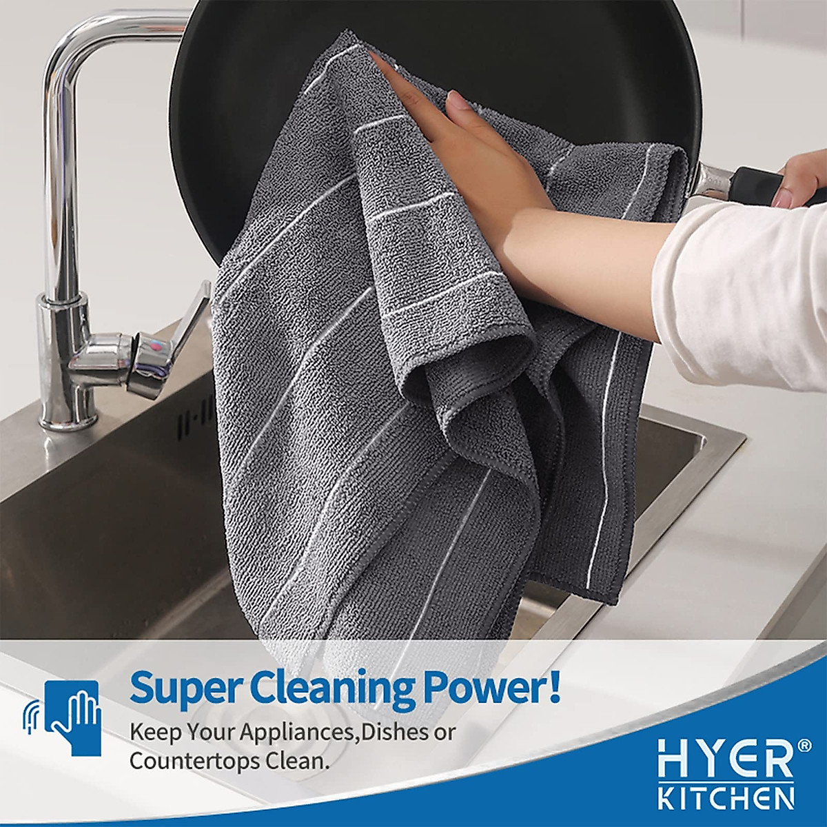 HYER KITCHEN Microfiber Kitchen Towels - Super Absorbent, Soft and Thick Dish Towels, 8 Pack (Stripe Designed Grey Colors), 26 x 18 Inch