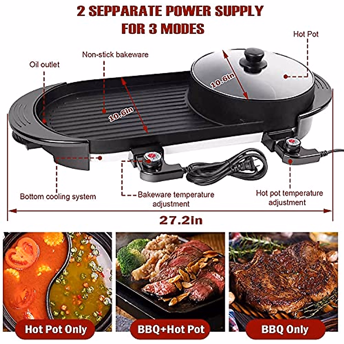 Electric Grill Hot Pot 2 in 1,Multifunctional Smokeless Grill Indoor Teppanyaki Grill/Shabu Shabu Pot with Divider - Separate Dual Temperature Contral, Non-Stick Pan BBQ Capacity for 2-12 People,110V (Black3.0)
