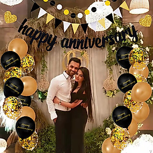 Happy Anniversary Decorations, Glitter Gold Black Happy Wedding Anniversary Decorations Sets with Banner, Cake Topper, Glitter Hanging and Balloons for All Ages' Anniversary Party Decorations
