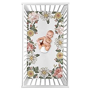 Sweet Jojo Designs Vintage Floral Boho Girl Fitted Crib Sheet Baby or Toddler Bed Nursery Photo Op - Blush Pink, Yellow and Green Shabby Chic Rose Flower Farmhouse