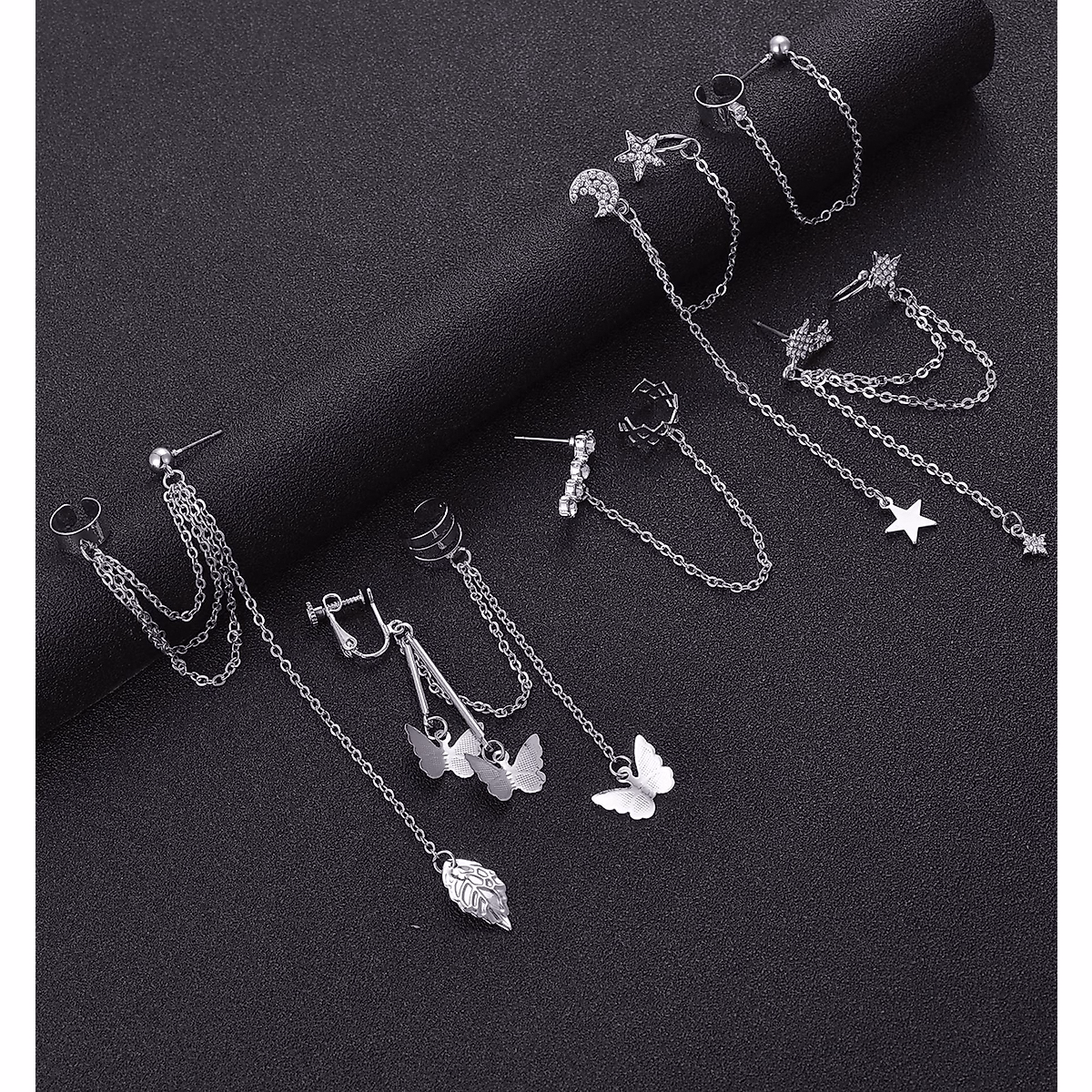 Ofeiyaa 6Pcs Tassel Ear Cuff Butterfly Snowflake Flower Star Moon Leaf CZ Cuff Earring Chain Set Crawler Climber Dangling Chain Wrap Clip on Earrings Jewelry for Women Men