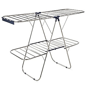 Foldable Premium Clothes Drying Rack, Large 2- Layer Stainless Steel Drying Rack for Sheets, Towels & Clothing Including 33 Hanging Rails, Height Adjustable and 32 Clips for Socks & Underwear - Blue