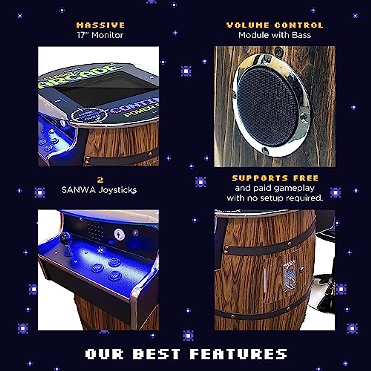 Creative Arcades Full-Size Commercial Grade Wine Barrel Style Pub Arcade Machine | Standard/Medium/Large | Classic Games | 2 Sanwa Joysticks | 2 Stools (Medium, 412 Game, 19" Screen, Wood Finish)