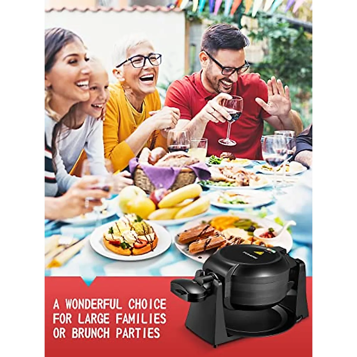 Waffle Maker, Belgian Waffle Maker Iron 180° Flip Double Waffle, 8 Slices, Rotating & Nonstick Plates, Removable Drip Tray, Cool Touch Handle, Black, 1400W