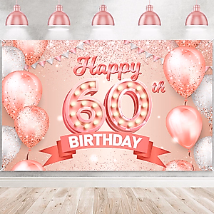 Happy 60th Birthday Rose Gold Banner Cheers to 60 Years Old Backdrop Confetti Balloons Theme Decor Decorations for Women 60 Years Old Pink Birthday Party Supplies Bday Background Favors Gift Glitter