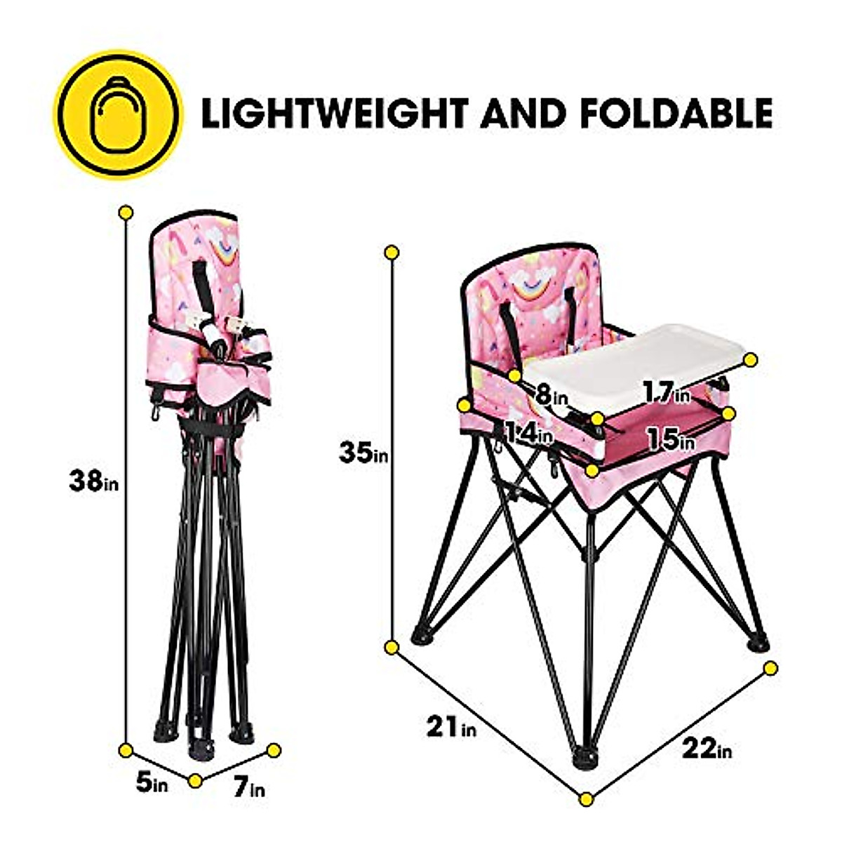 VEEYOO Baby High Chair with Removable Tray - Portable High Chair for Eating and Feeding, Indoor and Outdoor, Compact Fold, Pink