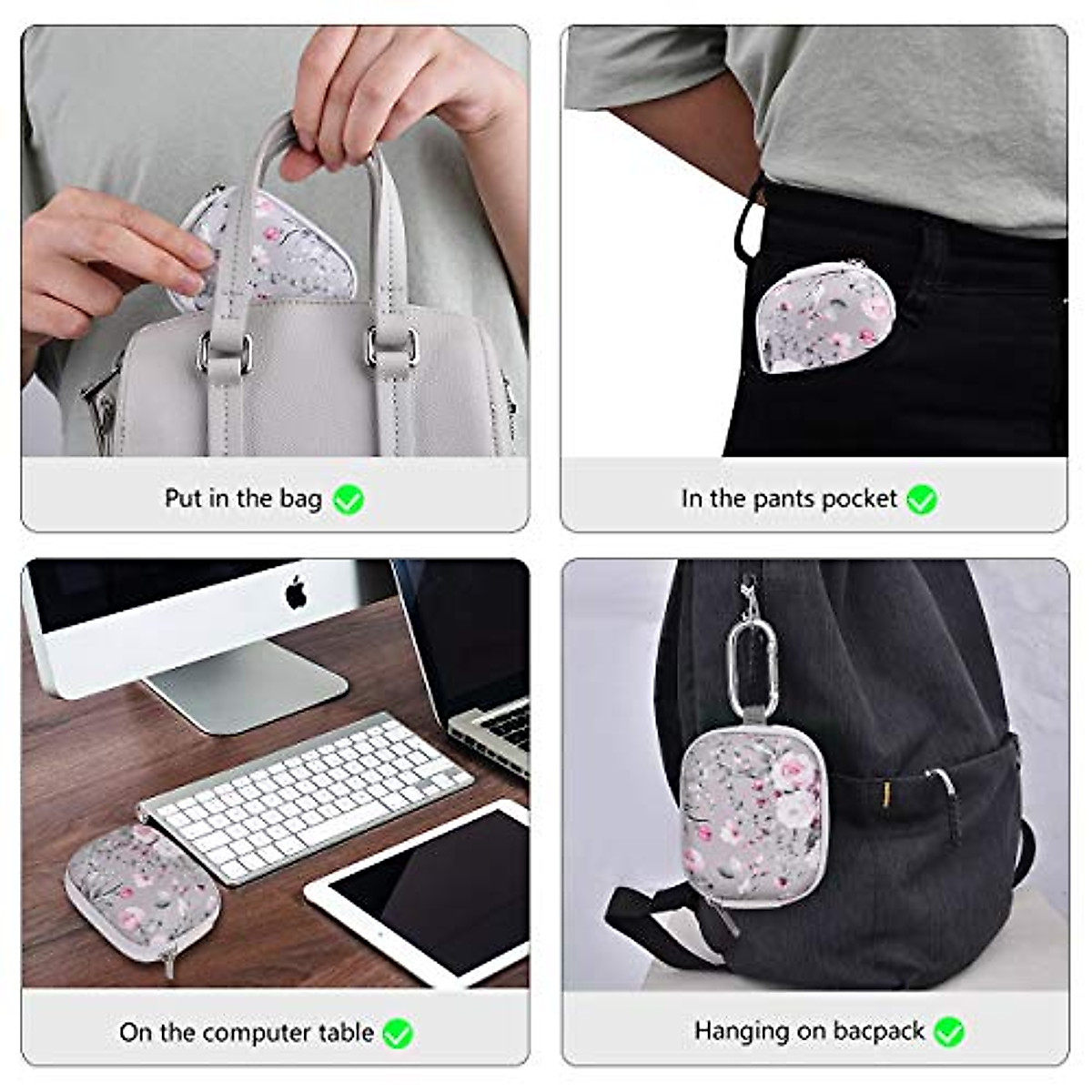 Earbud Case, AIRSPO Airpods Pro 2nd Generation Earphone Organizer Carrying Case Small Storage Bag Hard EVA Shockproof Cover with Carabiner Clip (Grey Pink Rose)