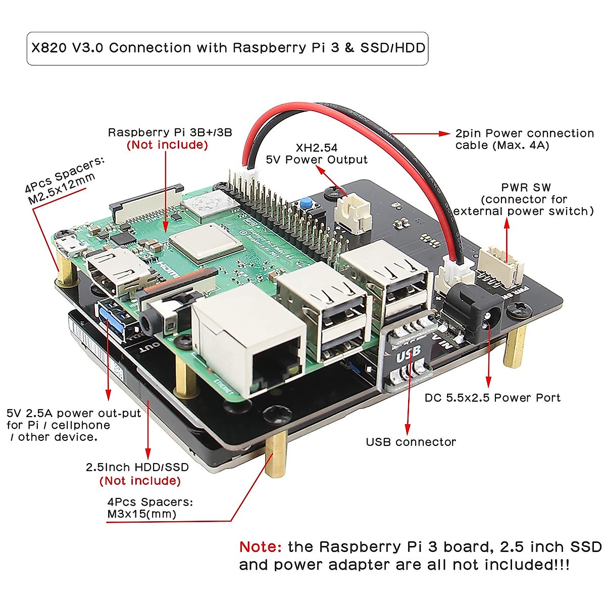 Geekworm X820 V3.0 2.5“ SATA HDD/SSD Storage Expansion Board, USB 3.0 Mobile Hard Disk Module for Raspberry Pi 3 B+/3B&2.5 Inch SATA HDD/SSD