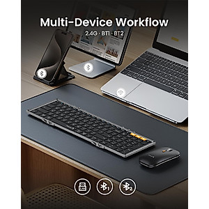 ProtoArc Foldable Keyboard and Mouse, XKM01 True Full-Size Folding Keyboard Mouse Combo for Business and Travel, 2.4G+Dual Bluetooth Portable Mouse Keyboard for Laptop iPads Tablets - Black Gray