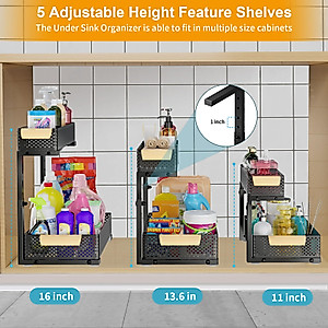 Under Sink Organizers and Storage,2 PACK 5 Height Adjustable Kitchen Cabinet Organizer,2 Tiers Pull Out Drawer Shelves Metal Slide Tray Organizer for Kitchen Bathroom