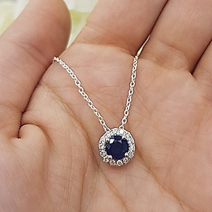 Dazzlingrock Collection 14K 7 MM Round Blue Sapphire & Diamond Women Halo Pendant with 18 inch Silver Chain in Yellow Gold