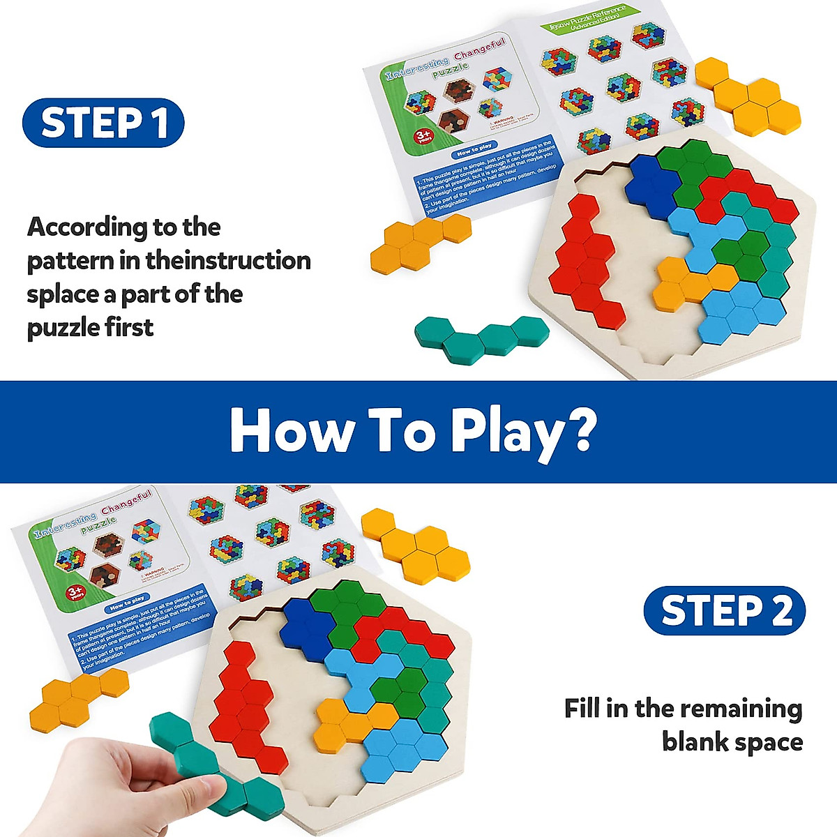 Skrtuan Wooden Blocks Puzzle for Kid Adults Brain Teaser Hexagon Puzzles Games Toy Shape Pattern Block Tangram Geometry Logic IQ STEM Montessori Educational Gift for All Ages Boys Girls Challenge