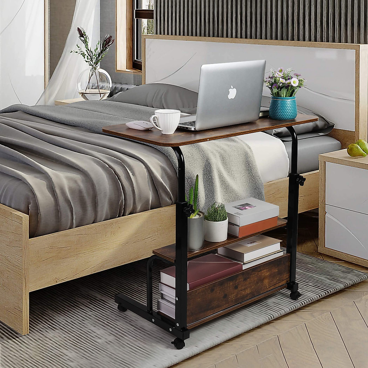 Dekhaoxe Adjustable Table Student Computer Desk Portable Home Office Furniture Small Spaces Sofa Bedroom Bedside Learn Play Game on Wheels Movable with Storage Size 31.5 * 15.7 in Oak D